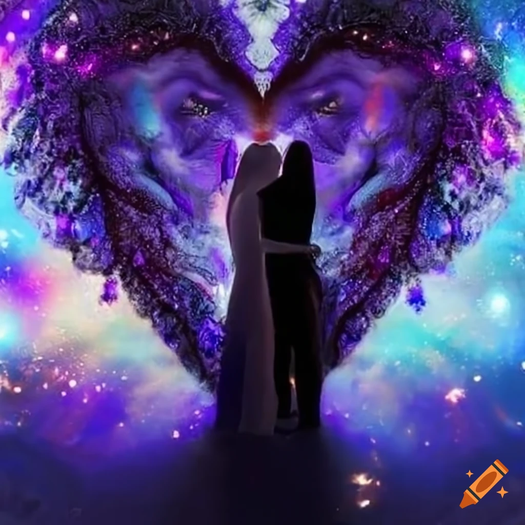 Shadow figures of spiritual souls embracing and uniting in the ethereal ...