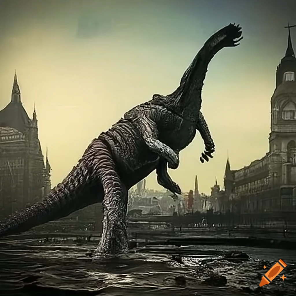 Post-apocalyptic Nessie monster attacking London city on Craiyon