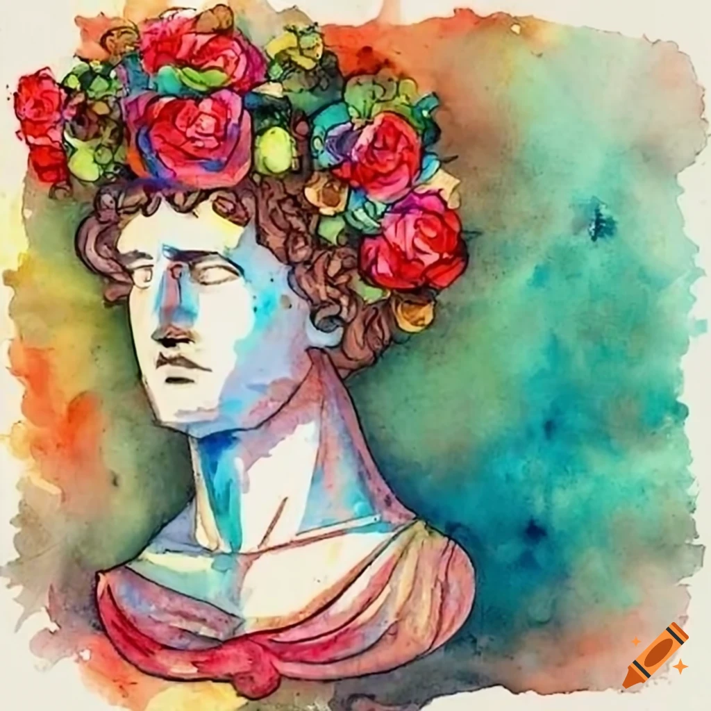 Greek statue bust with fiery eyes and crown of roses on Craiyon