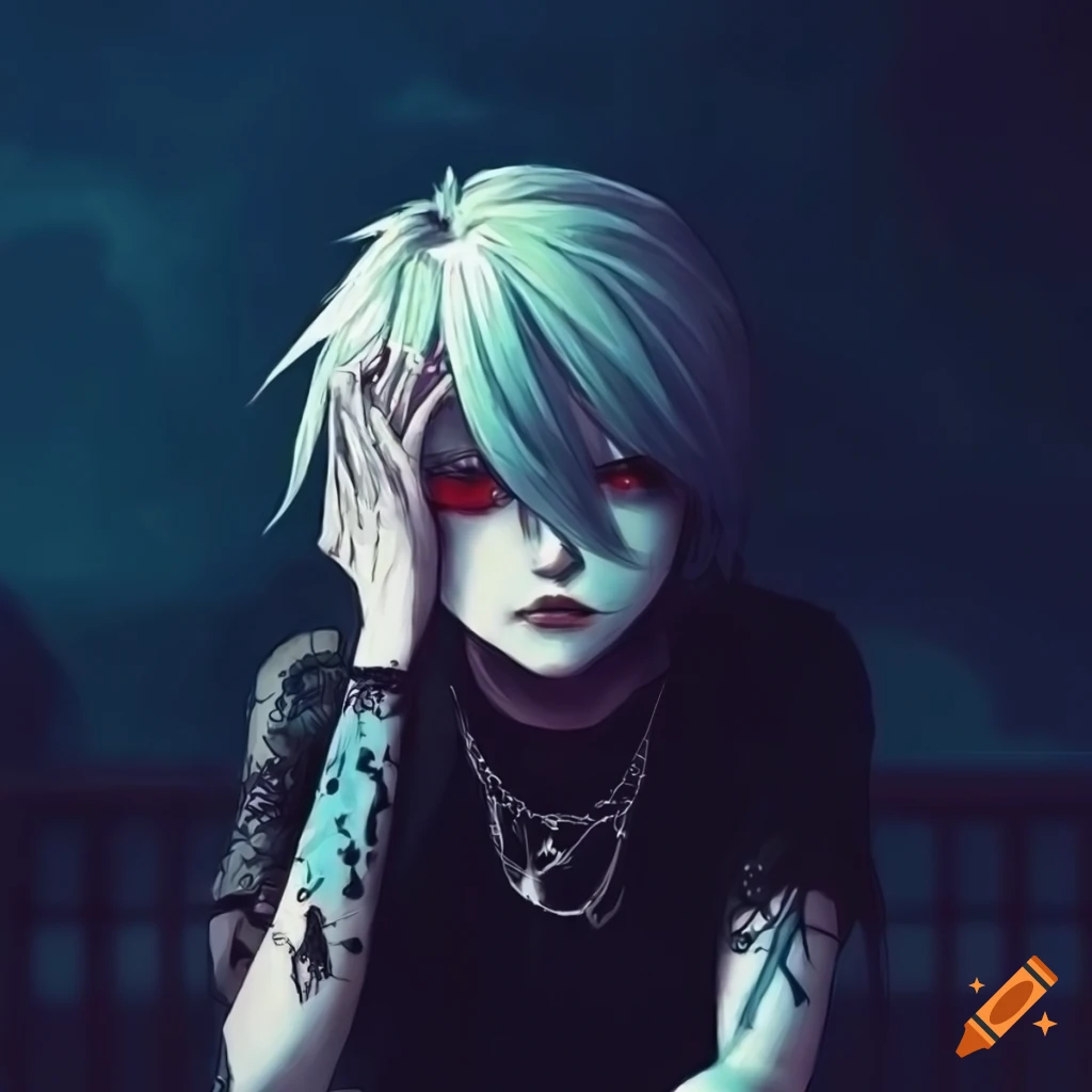 Sad blonde goth emo vampire anime boy with face tattoos on top of a ...