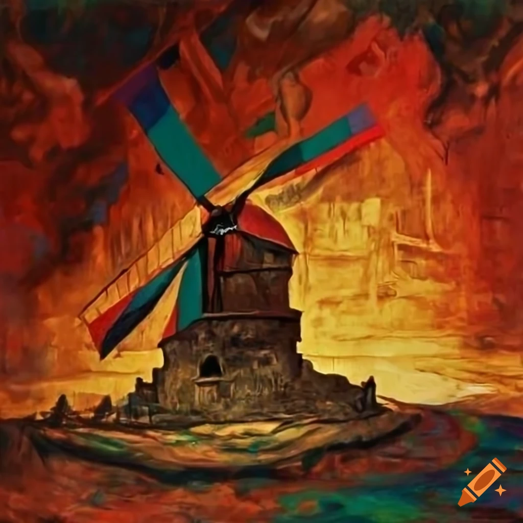 Painting of Don Quixote and Sancho Panza in an apocalyptic world with a ...