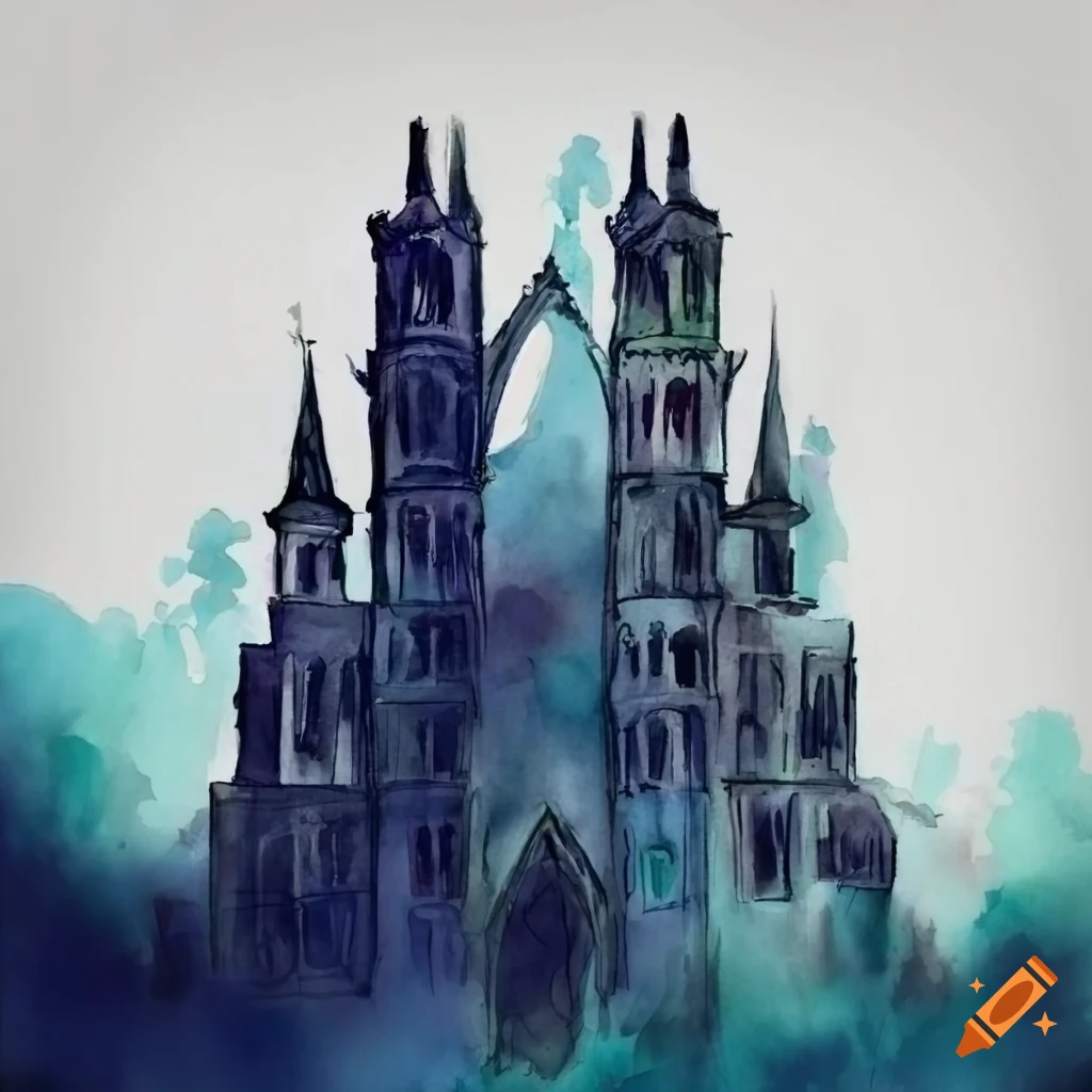 Ivory tower architecture drawing in dark watercolor on Craiyon