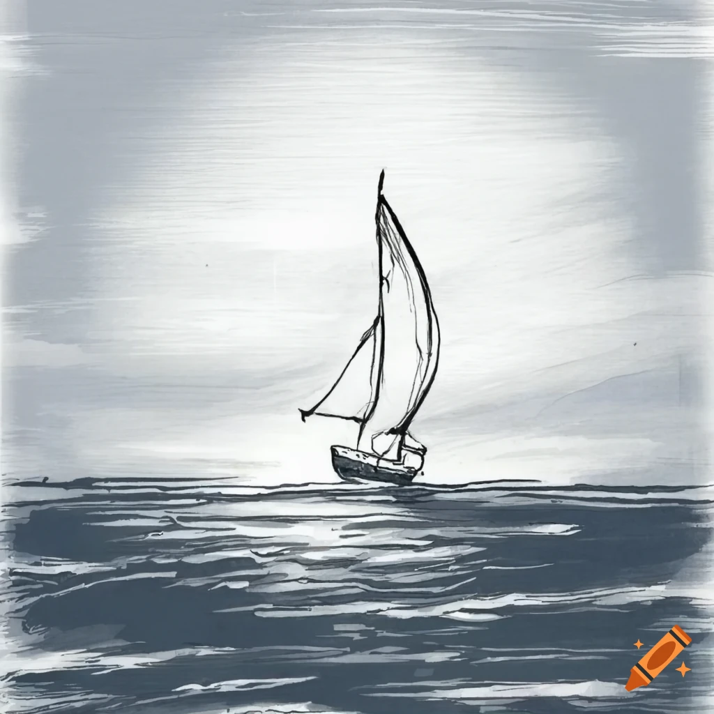 Mysterious sailboat vanishing into the distance on a cloudy sea in line ...