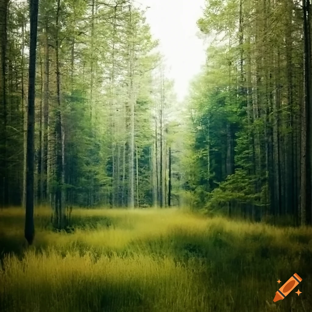 Aerial view of a Swedish forest next to a lake with an open grass area ...