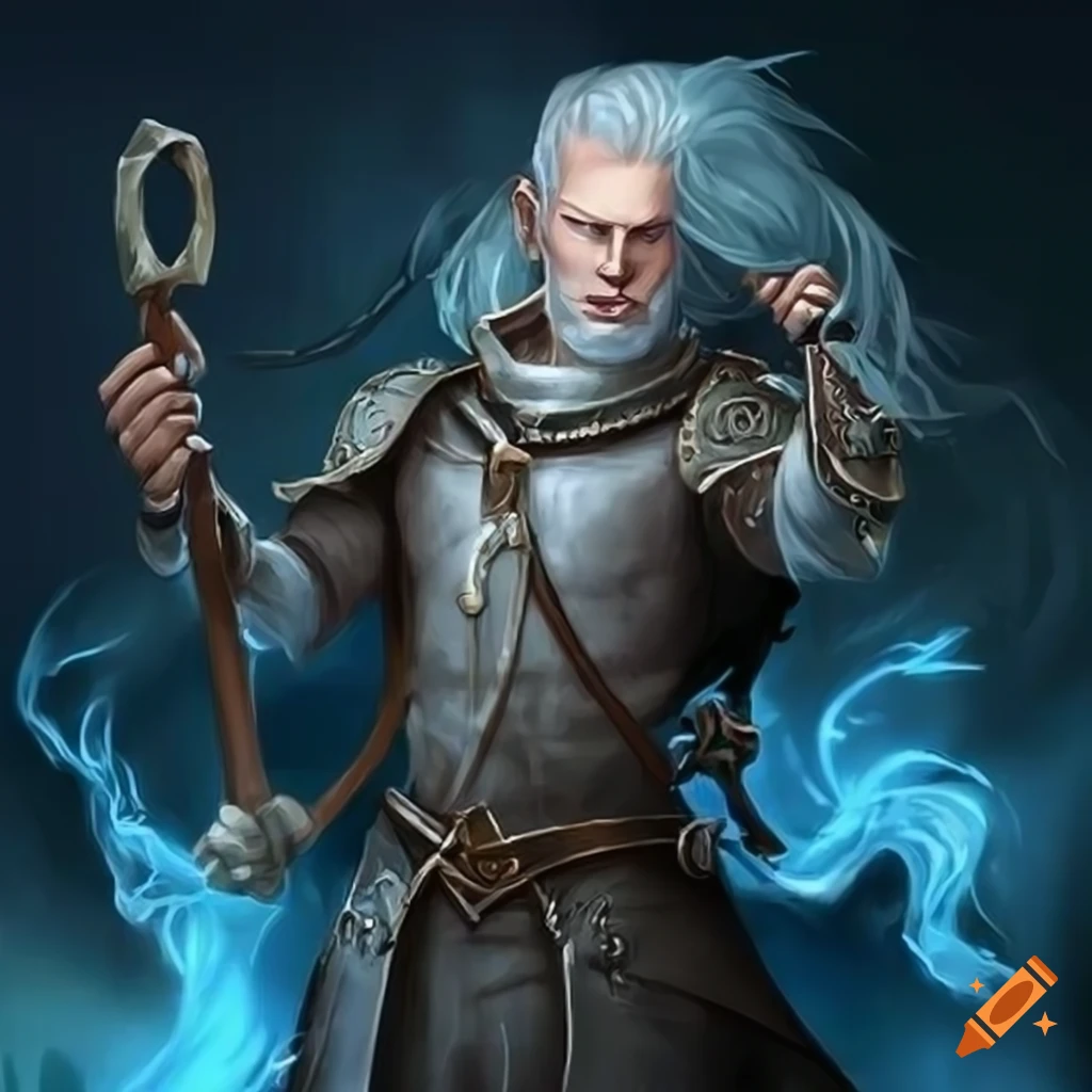 Blonde grey haired male cleric sailor of a storm god on Craiyon