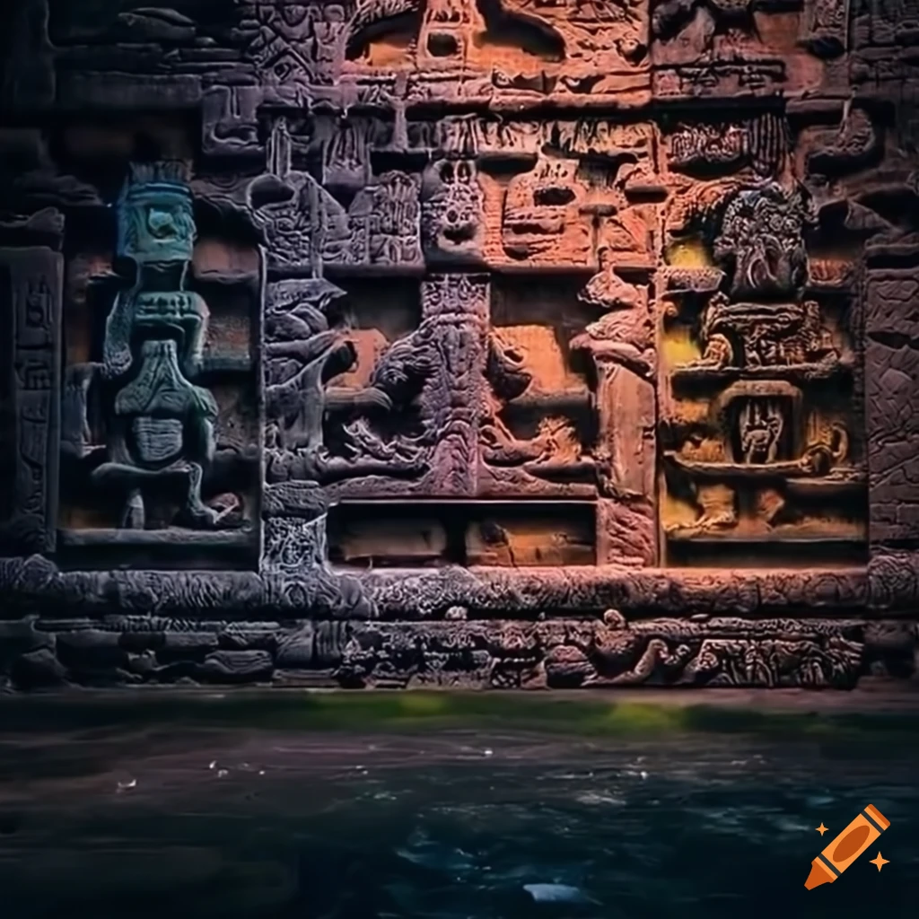 Cosmic hieroglyphics on an ancient temple wall in an alien forest on Craiyon