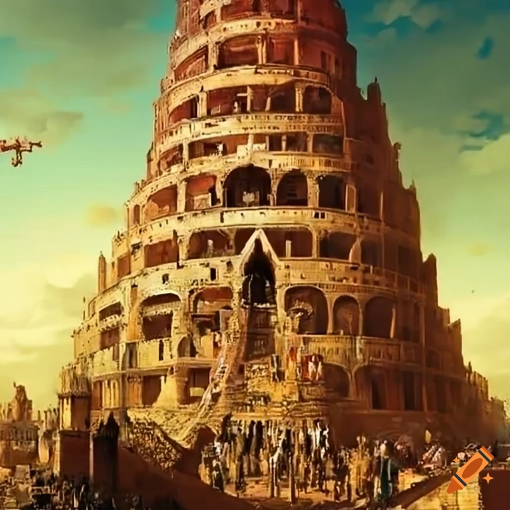 Illustration of humans building the tower of babel on Craiyon