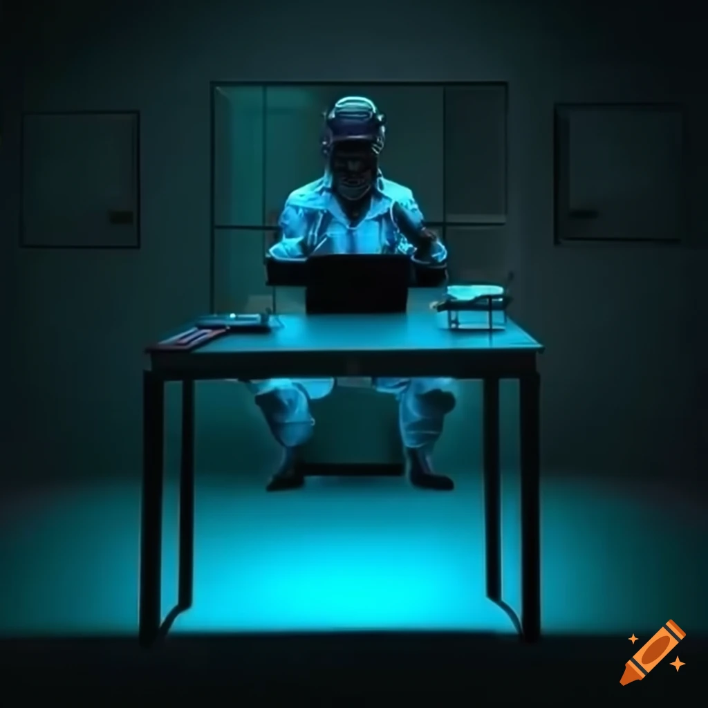 Security guard playing computer game in glass room with table and ...