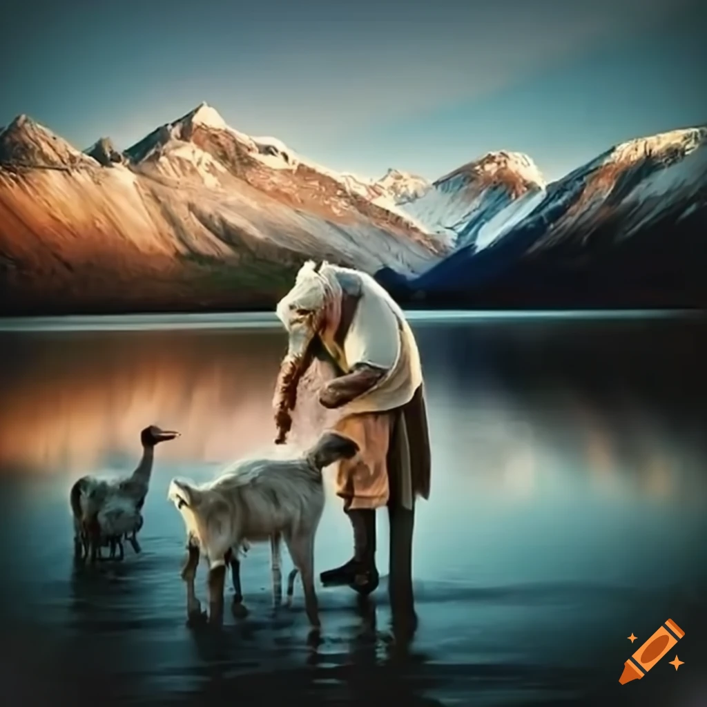 Elderly man with goats beside a lake on Craiyon