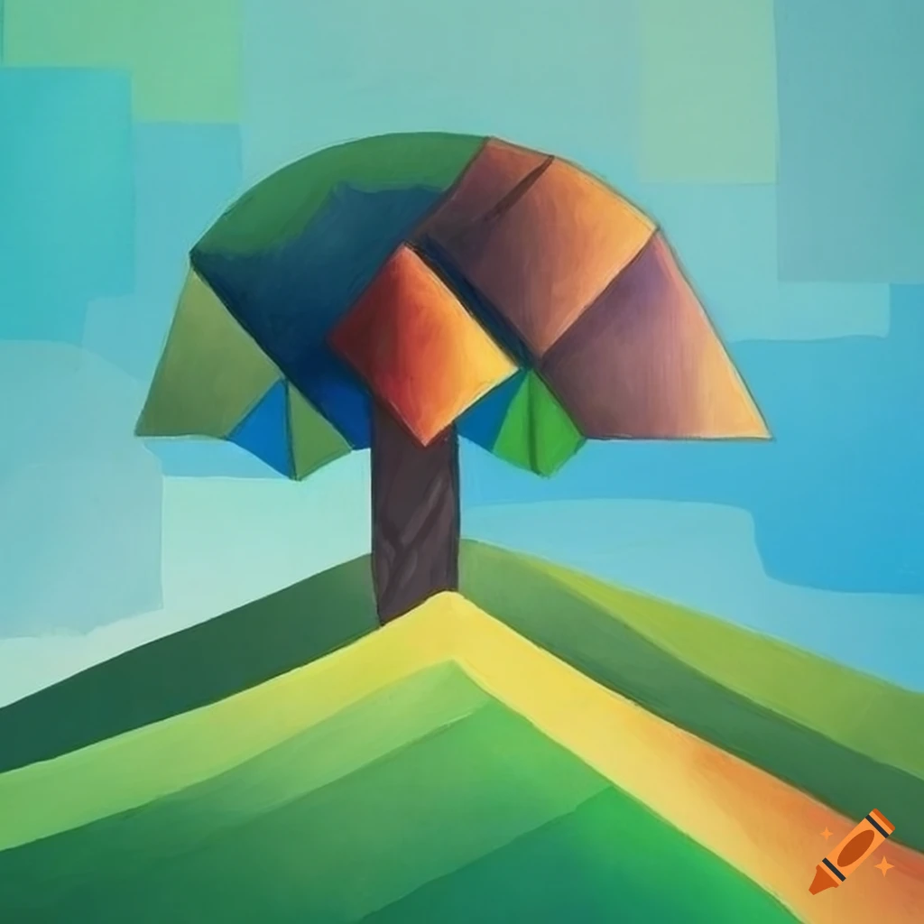 Cubist drawing of a tree and a hut on a hill on Craiyon