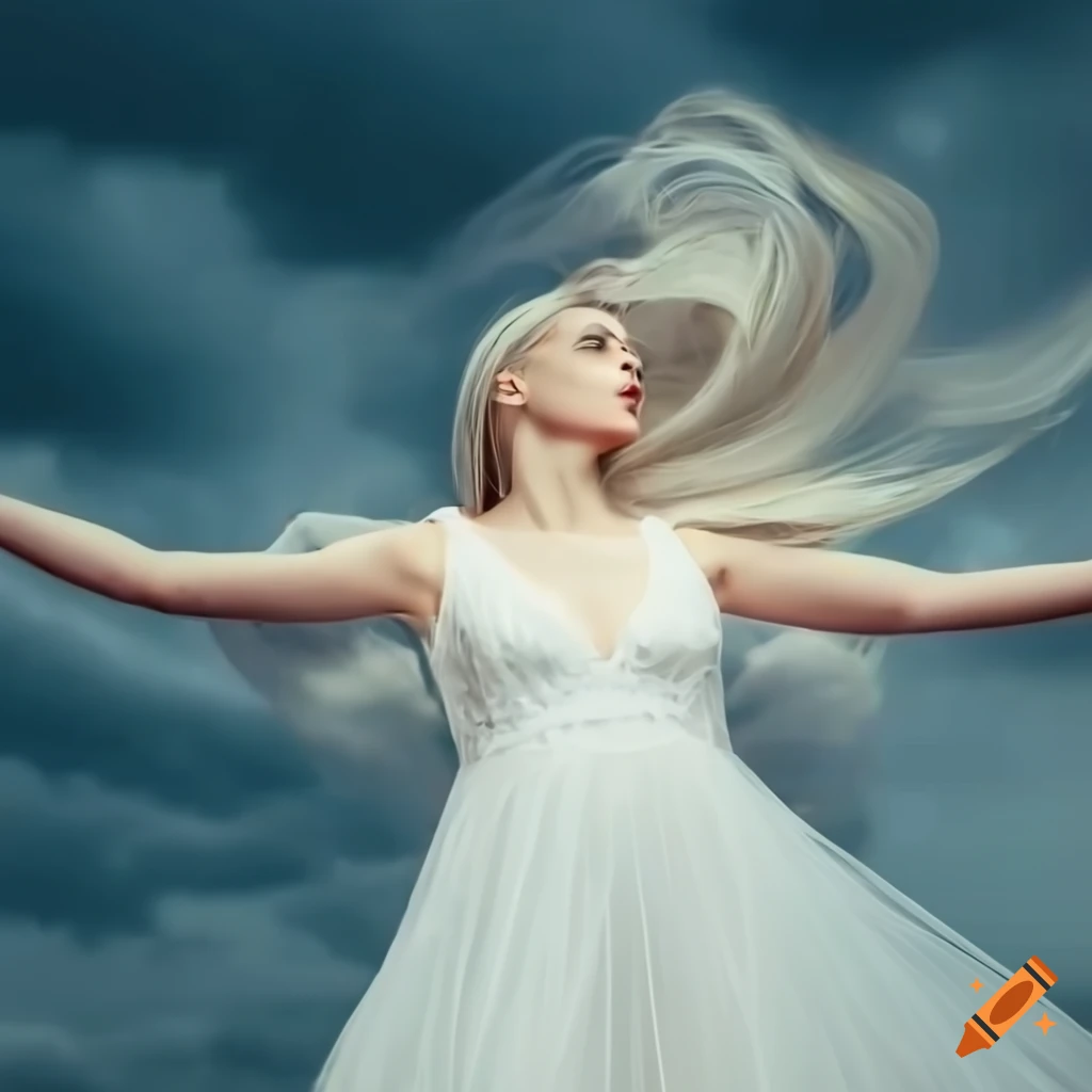 Beautiful young woman with open arms surrounded by clouds and sky, pale ...