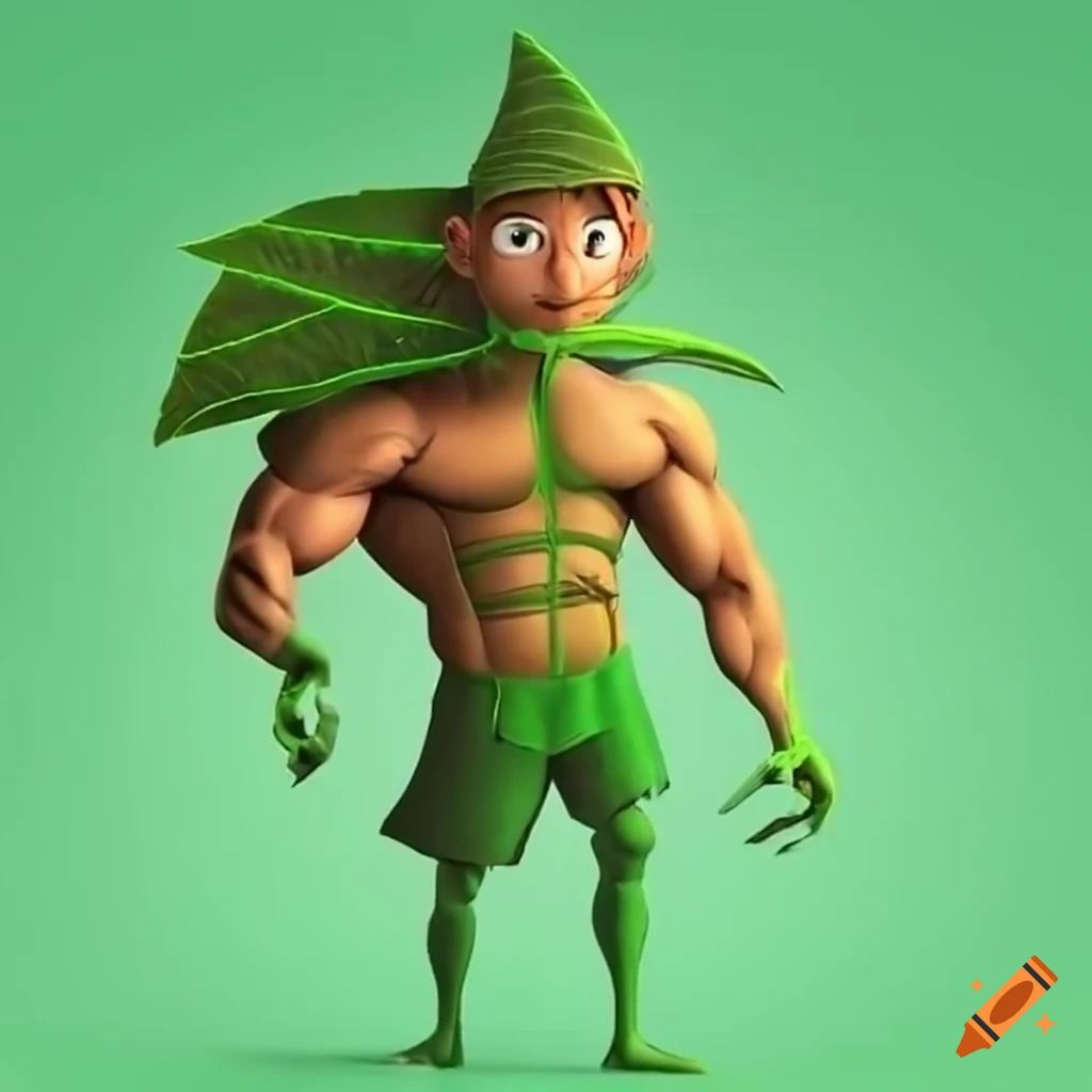Animated leaf character posing to showcase strength on Craiyon