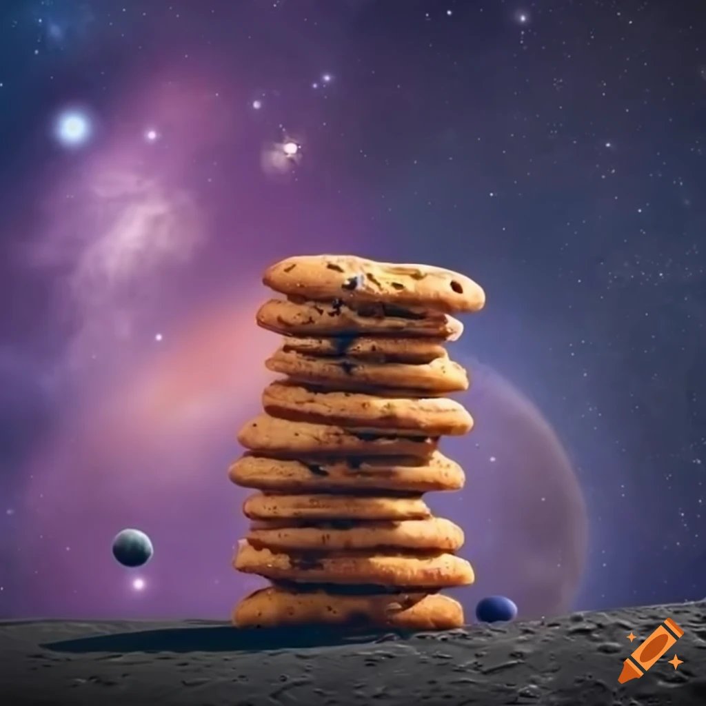 Stack of cookies in space with planets and stars in the background on ...