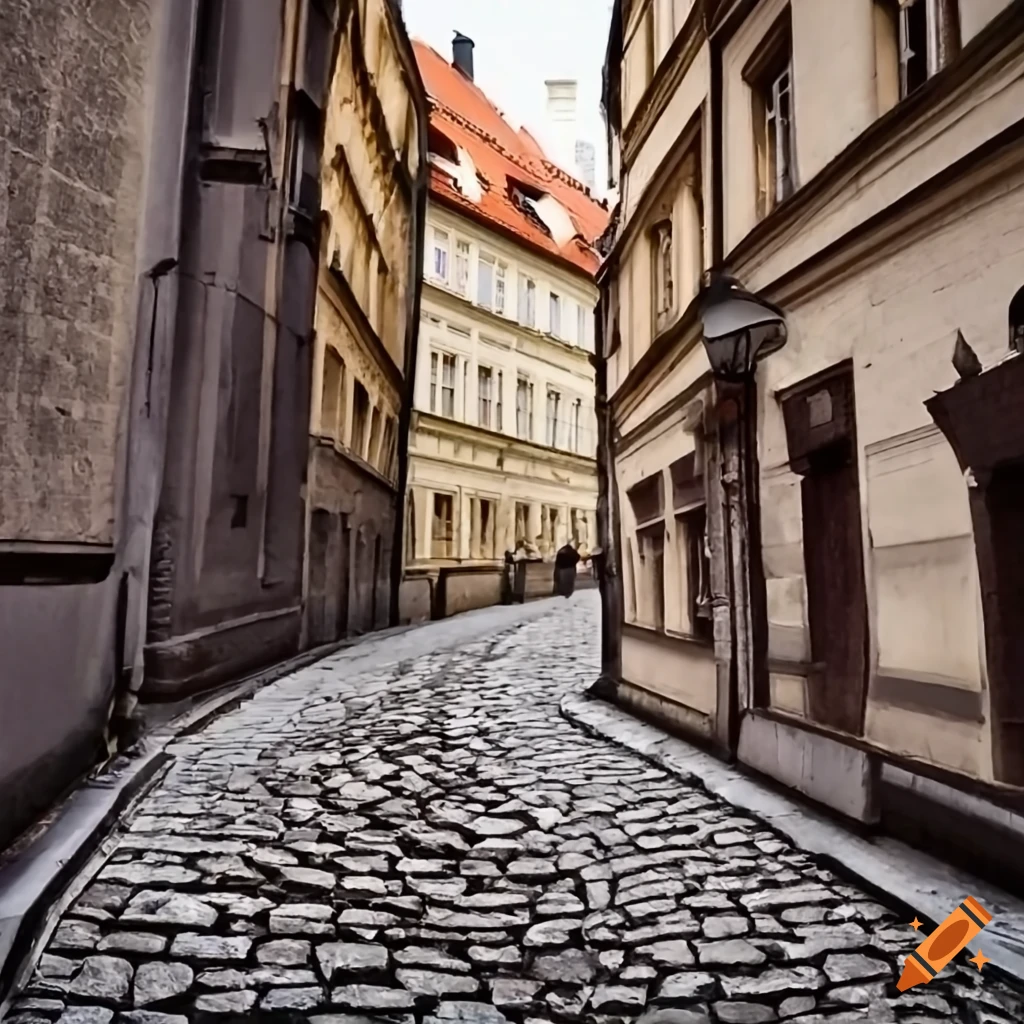 Old cobblestone street in the heart of Prague during the golden age of ...
