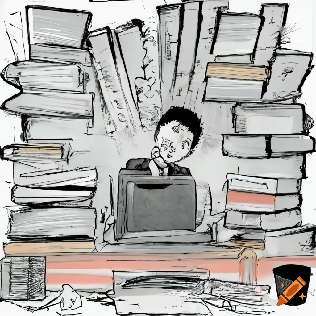 Overwhelmed man sitting in front of stack of files and papers on Craiyon