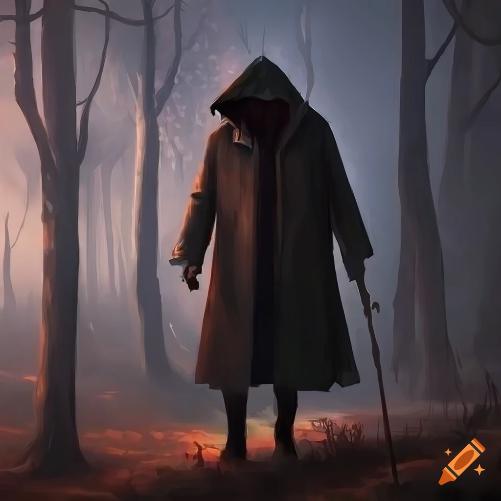 Man with a hook in a long coat in dark woods with mist and full blood ...