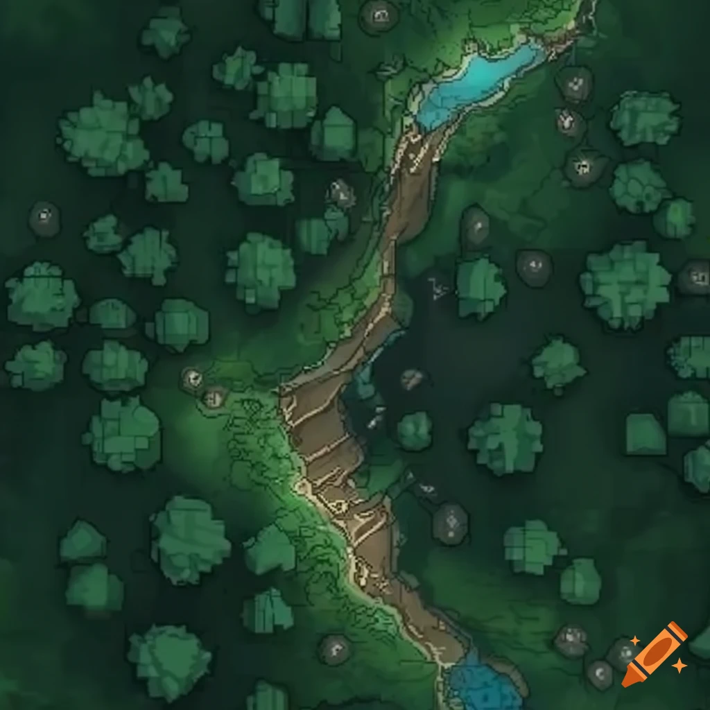 Map of a forest with a cliff in a tabletop role-playing game on Craiyon