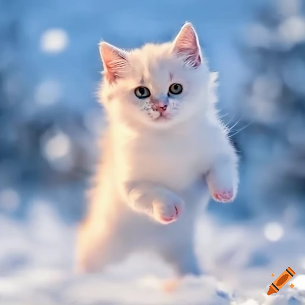 Fluffy white kitten jumping in the snow on Craiyon