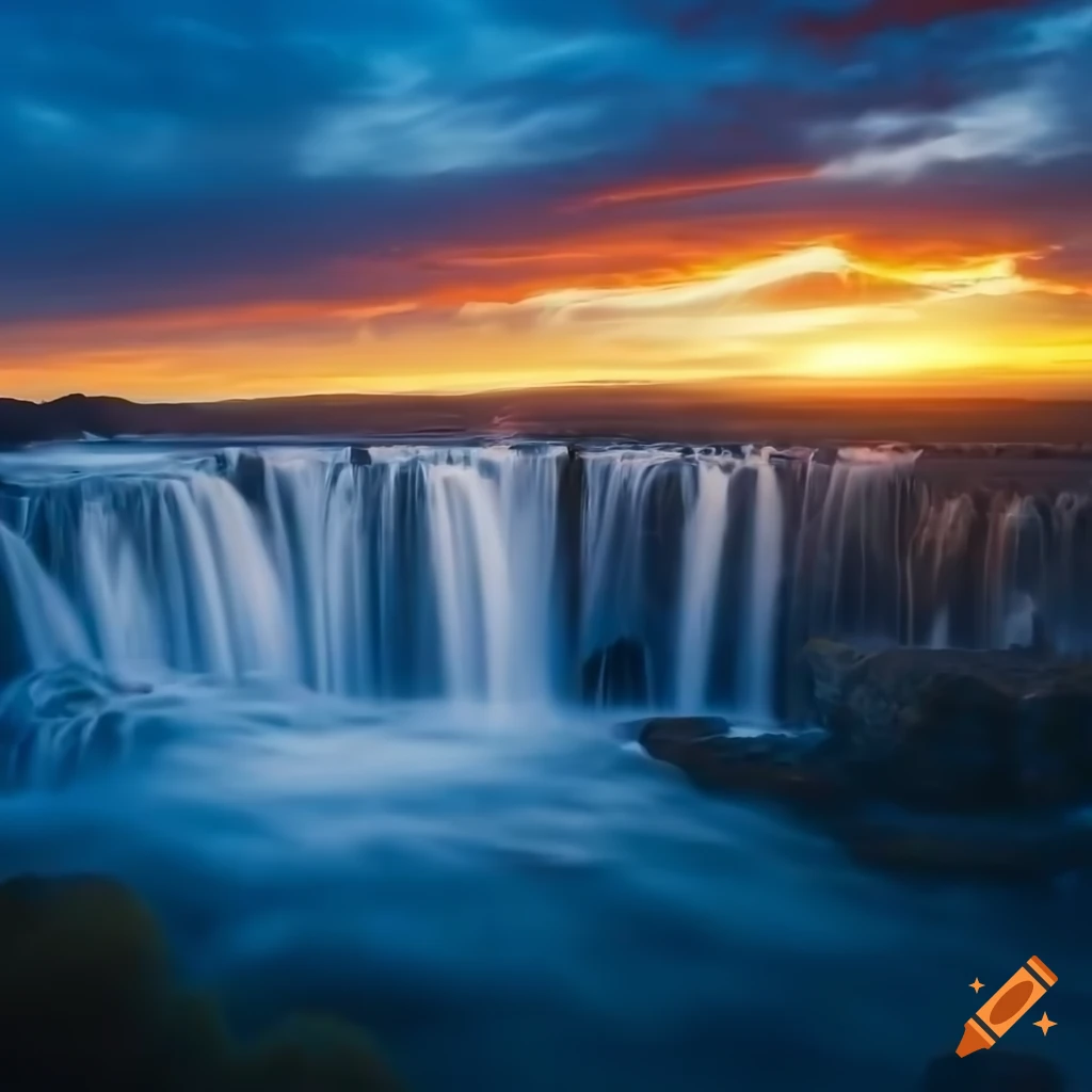 Vivid high-definition sunset waterfall in 8k resolution on Craiyon