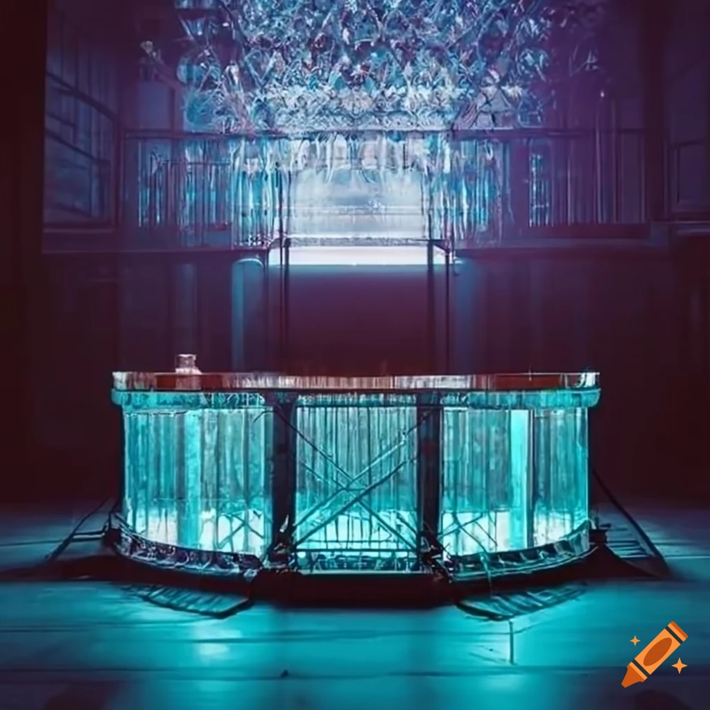 Industrial warehouse with warm-colored crystal dj booth on Craiyon