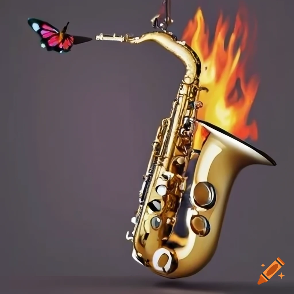 Saxophone with butterfly and flames around on Craiyon