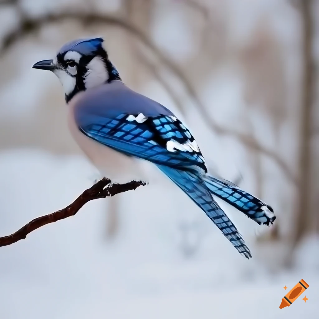 Blue jay on a snowy branch with vibrant colors on Craiyon