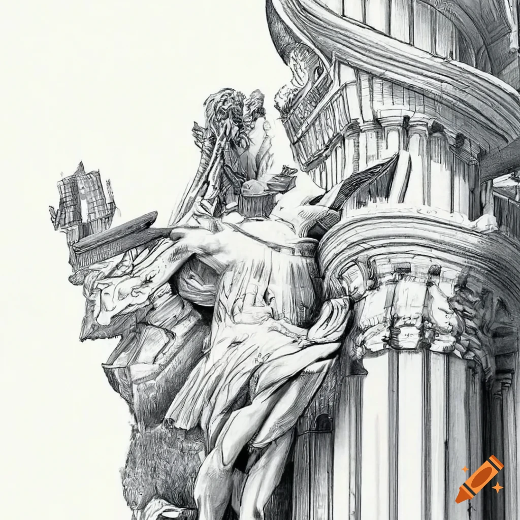 Pencil drawing of statues surrounded by modern skyscrapers on Craiyon