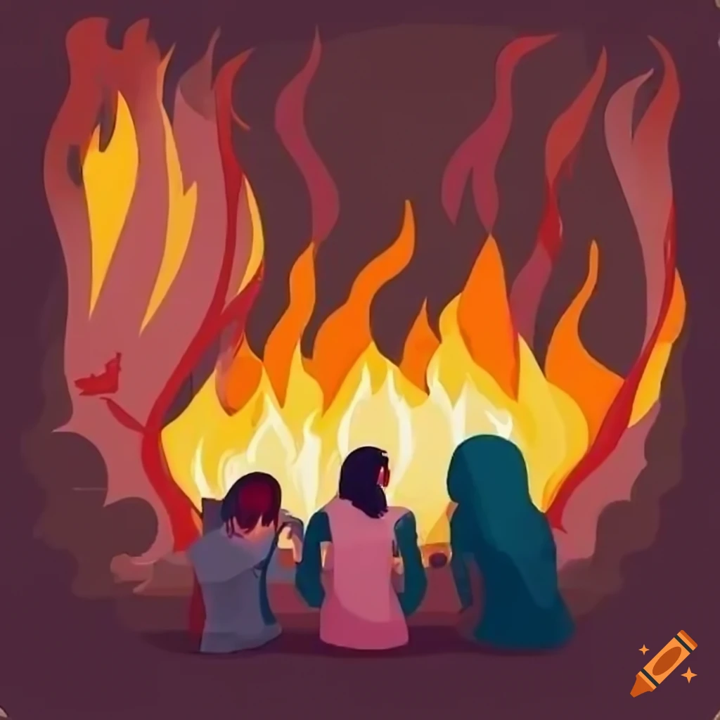 Cartoon group huddled around a fire on Craiyon