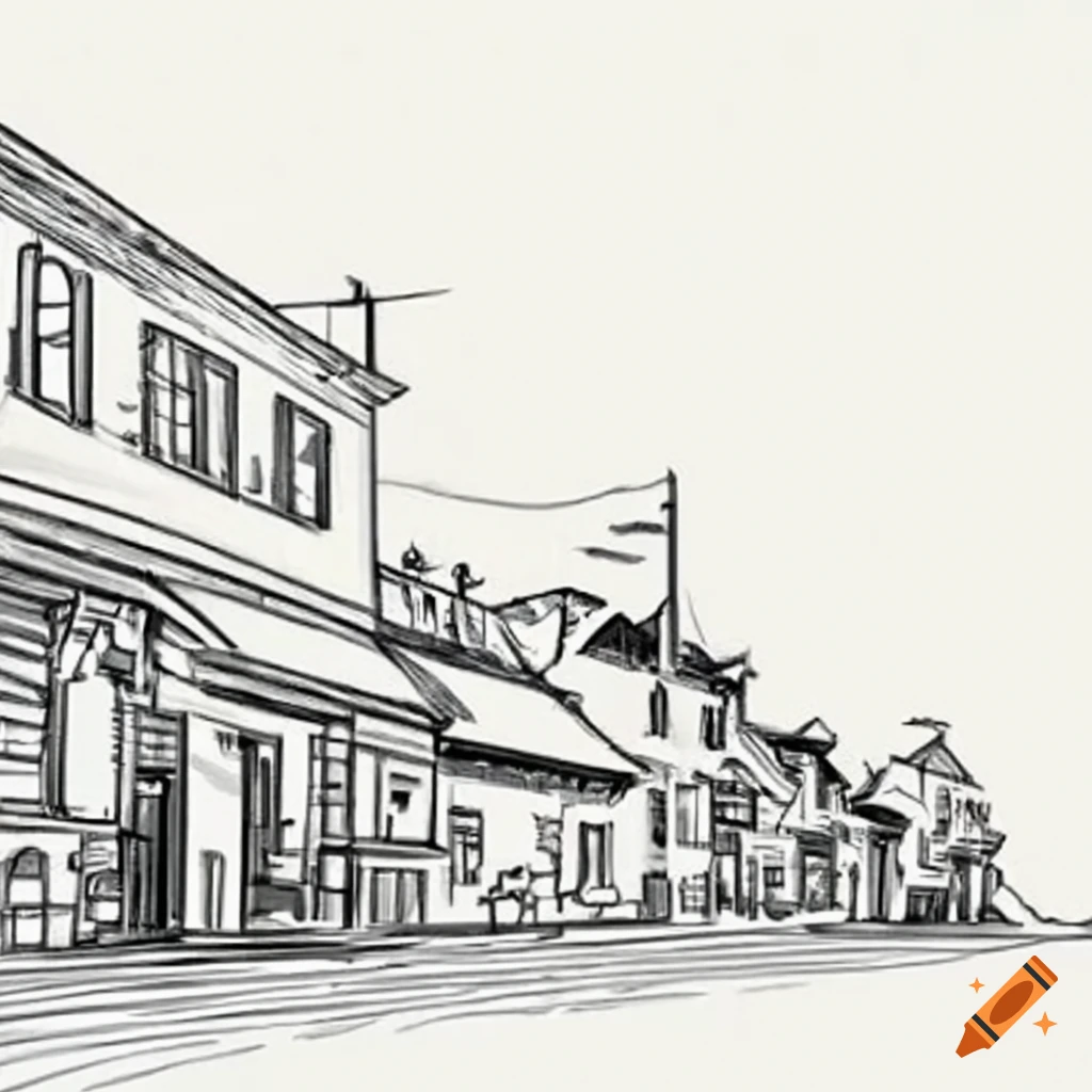 Detailed fine line drawing of a modern rural small town in the usa on ...