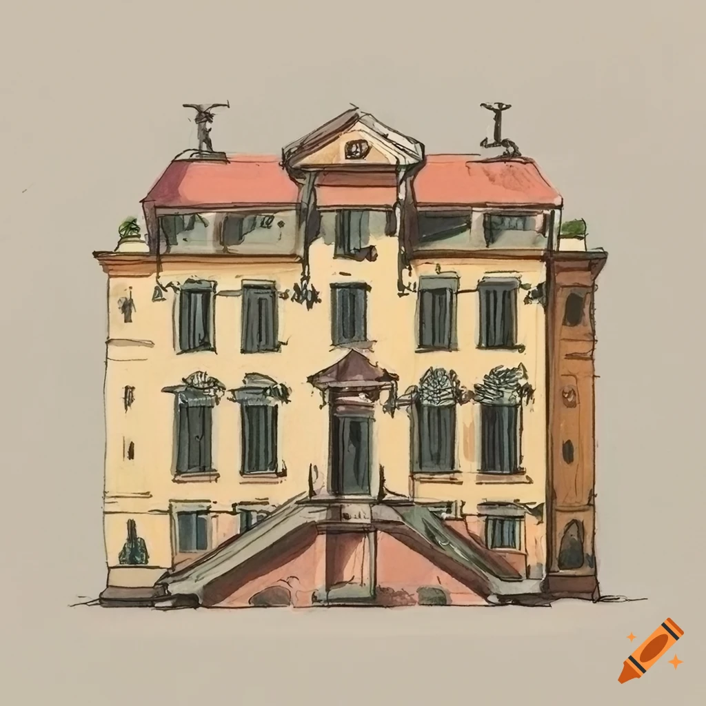 Sketch of a whimsical and idiosyncratic town house with symmetrical ...