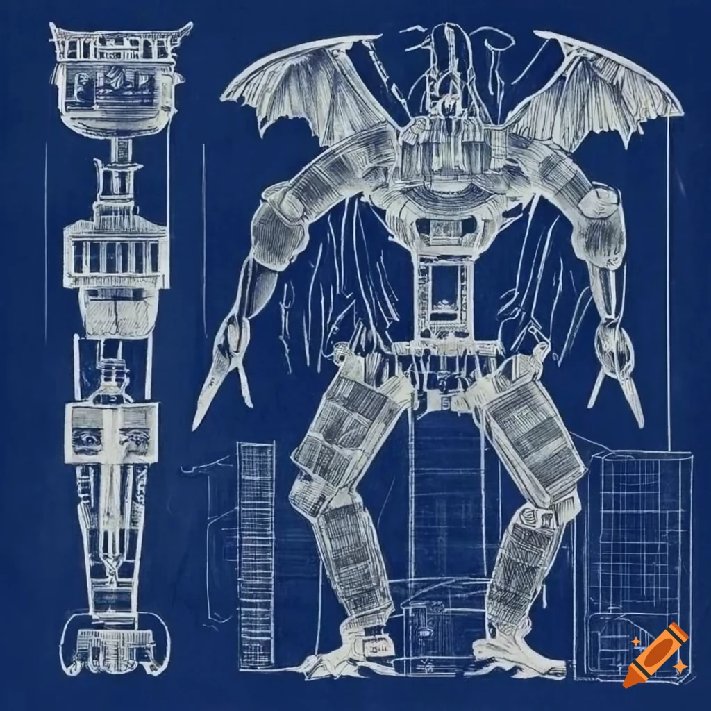 Detailed blueprint for a bipedal robot with goat head, bat wings, and ...