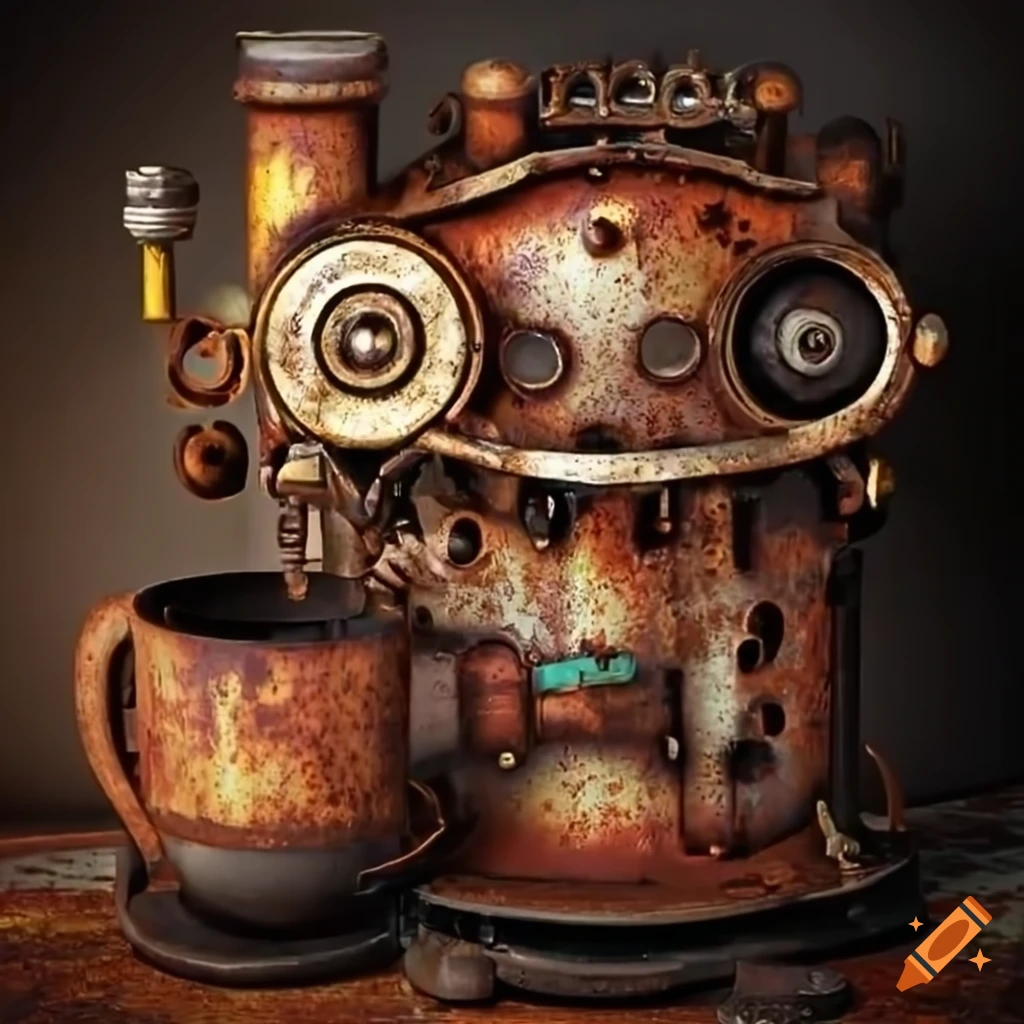 Rusty steampunk cappuccino machine with corrosive colors on Craiyon