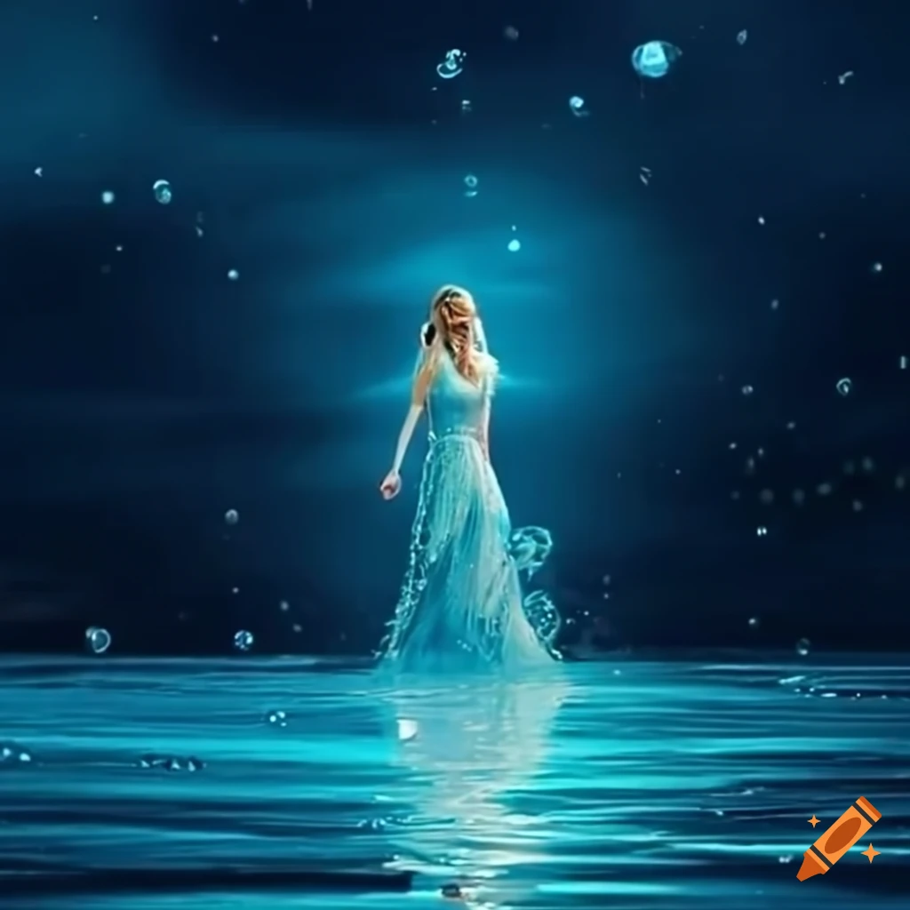Taylor swift walking on water surrounded by sparkling droplets on Craiyon
