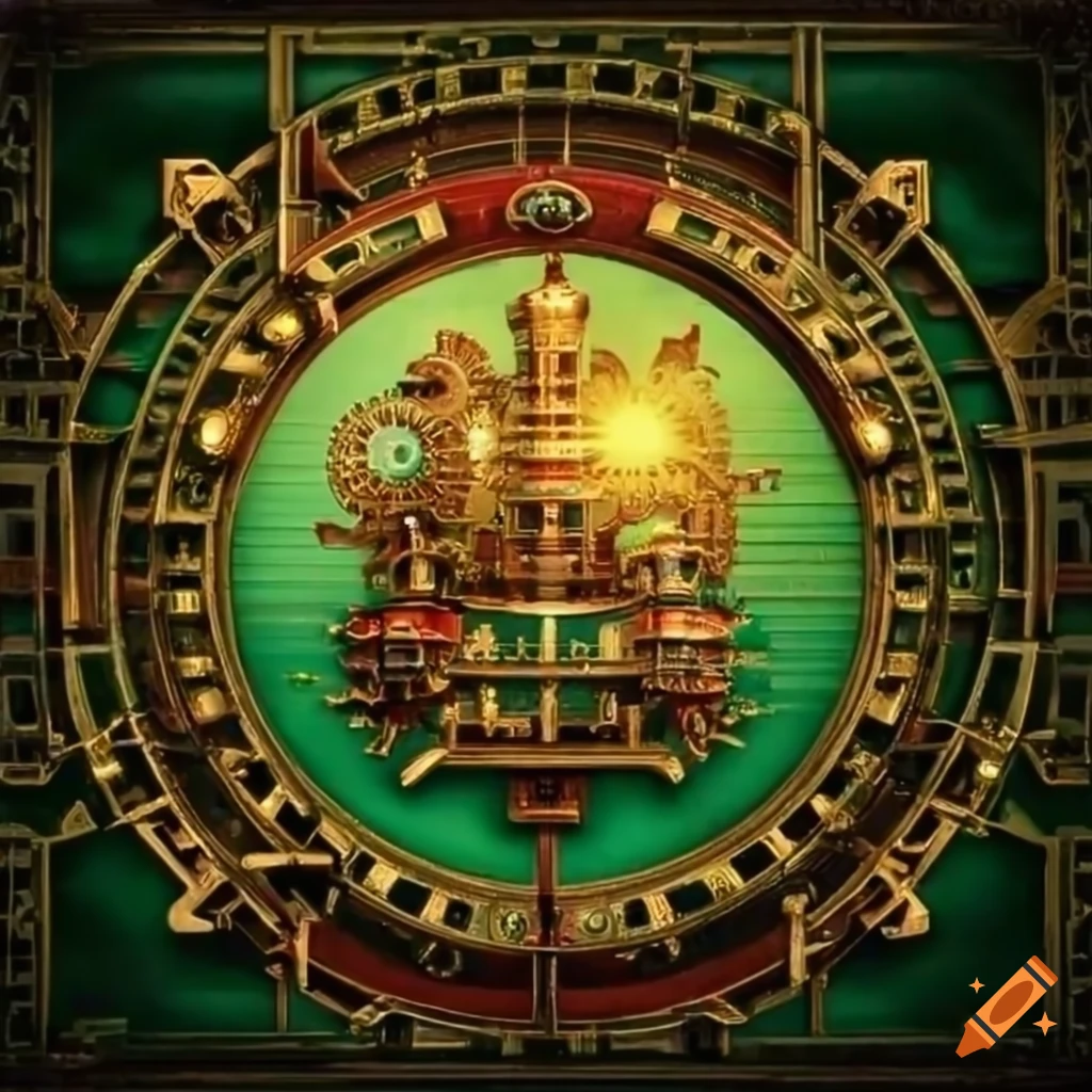 Steampunk Renaissance style cityscape with green, red, and golden ...