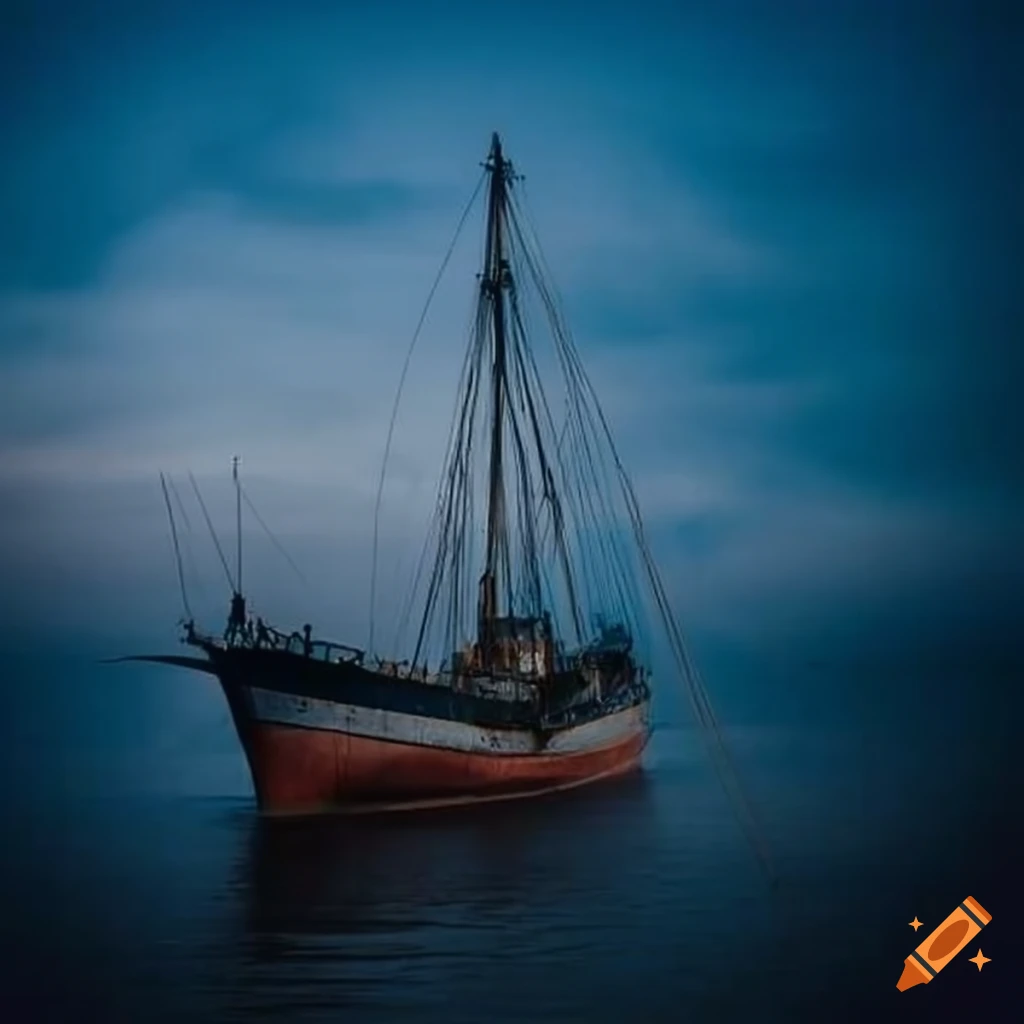 Isolated fishing ship in the evening on Craiyon
