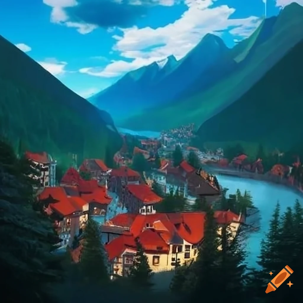 Riverside town with cabin buildings and red roofs nestled in the ...