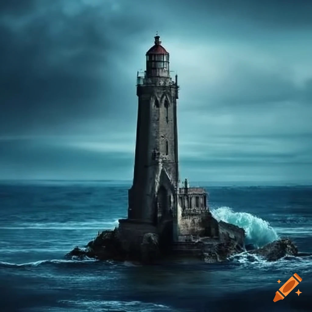 Gothic cathedral lighthouse being battered by waves on Craiyon