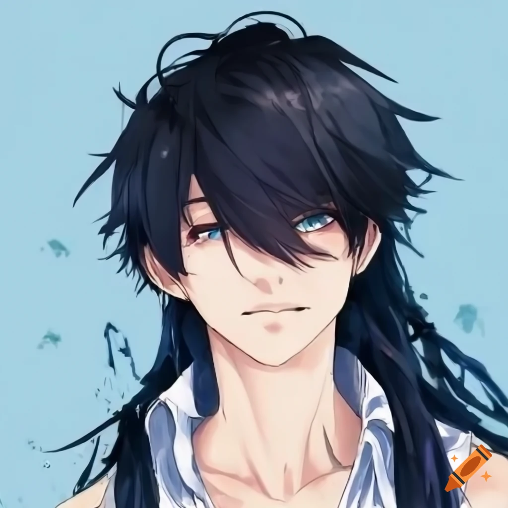 Happy 20-year-old man with long black hair and blue locks in anime ...