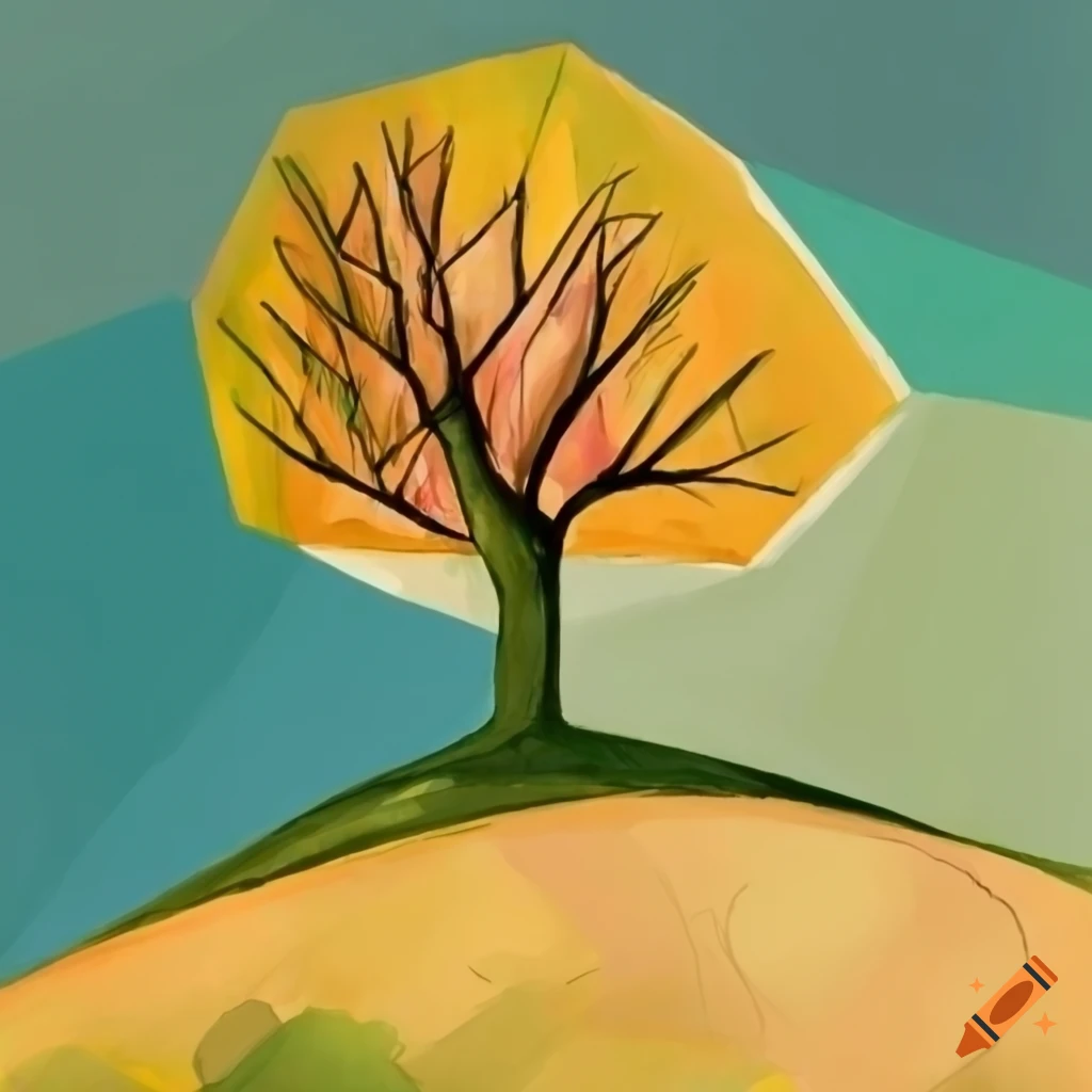 Cubist drawing of a tree on a hill on Craiyon