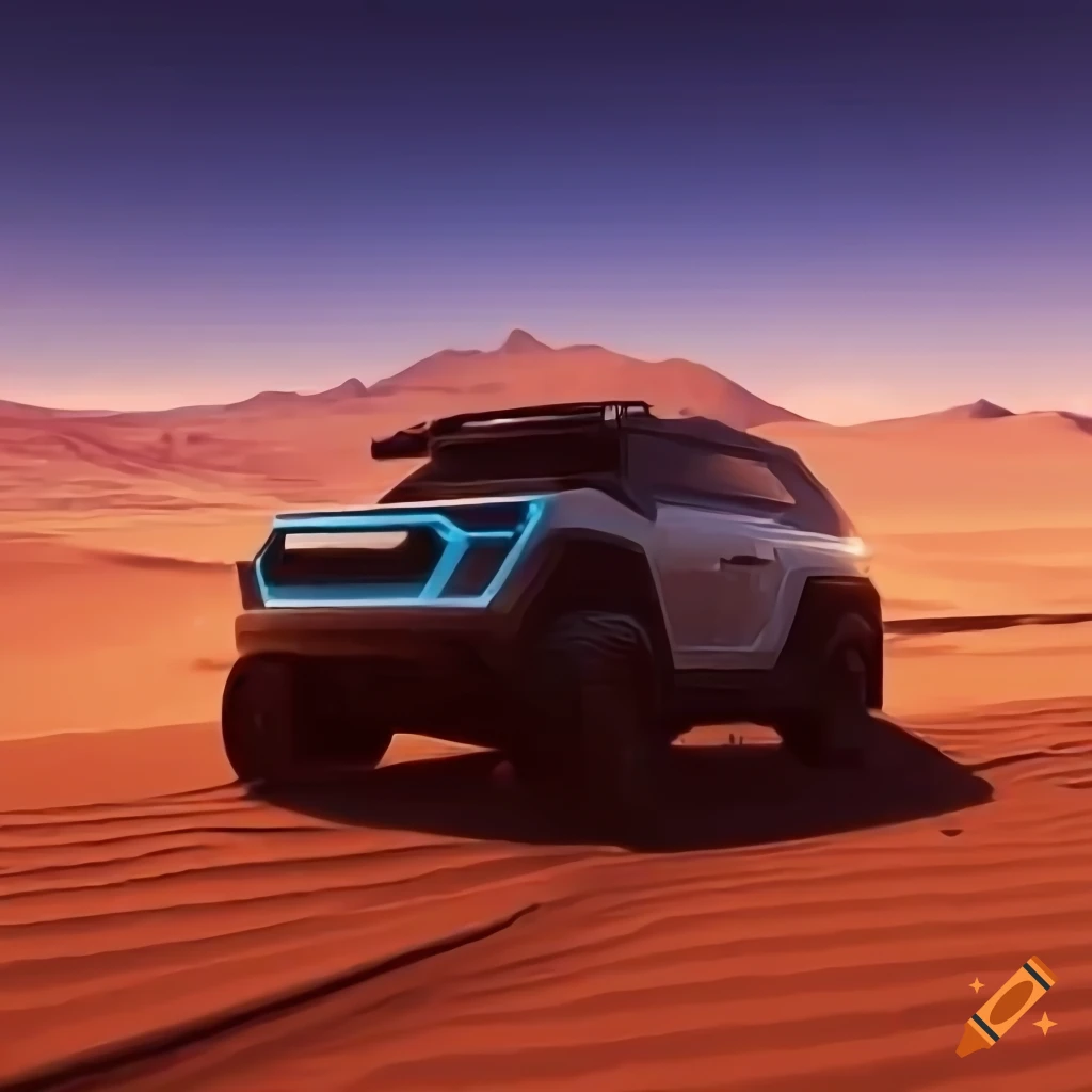 Electric suv off-roading in a golden desert on Craiyon