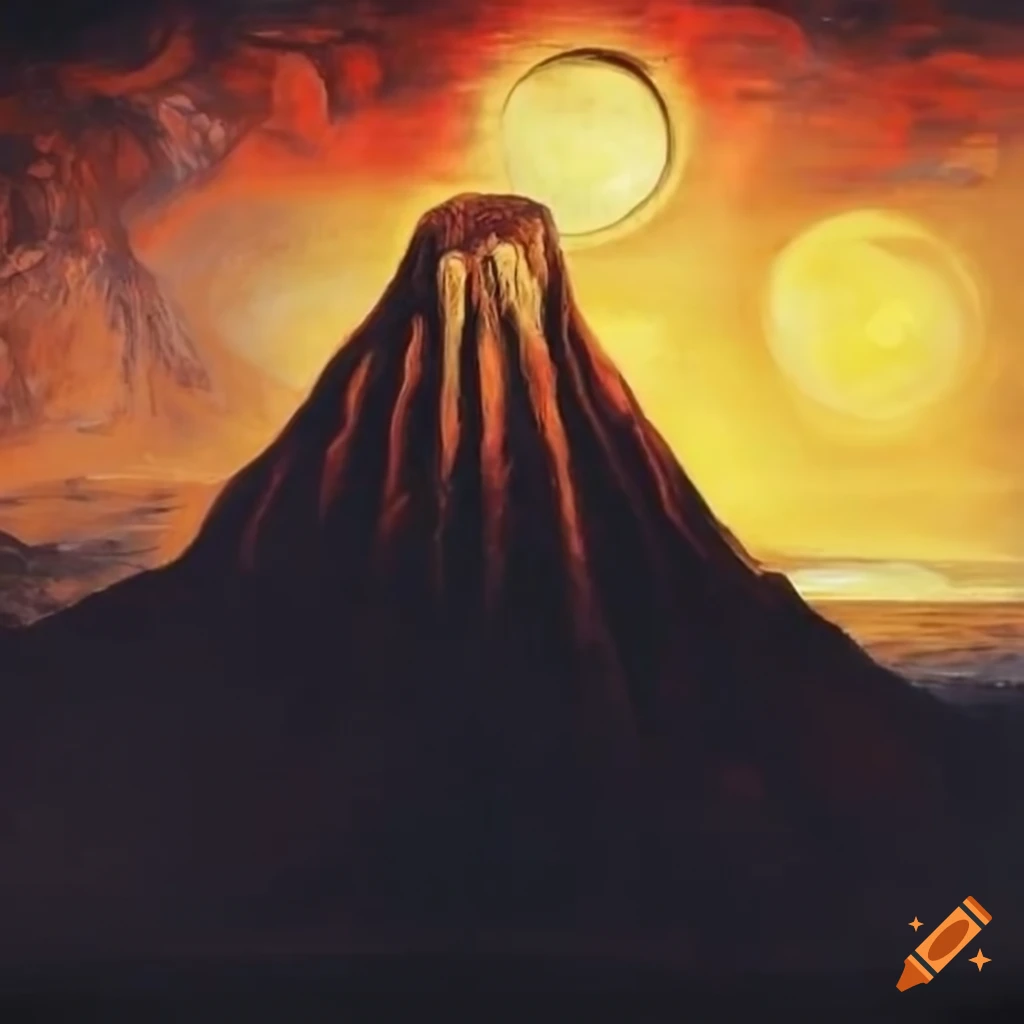 Volcano at sunset in a renaissance painting on Craiyon