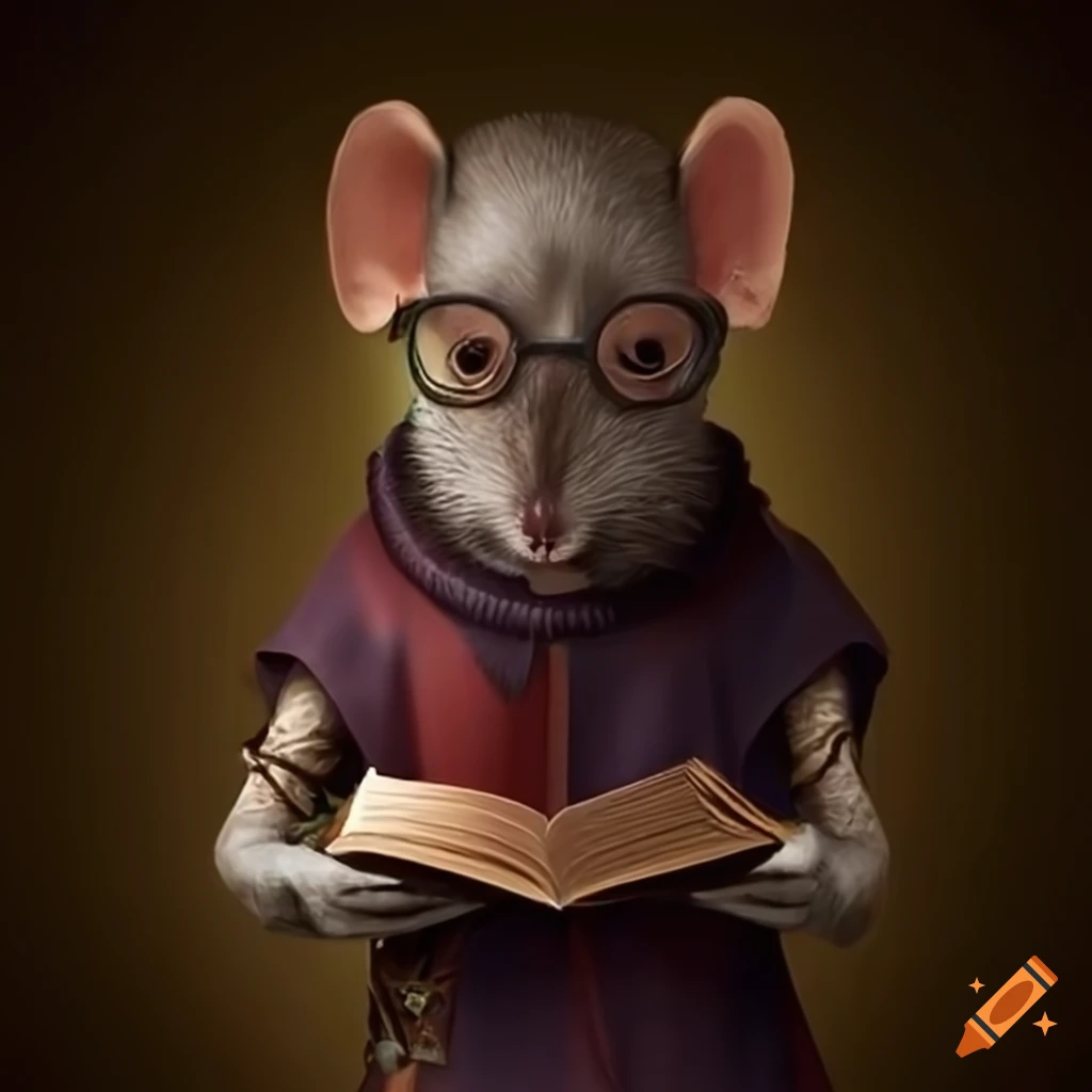 Medieval fantasy rat with human-like features and glasses holding a ...