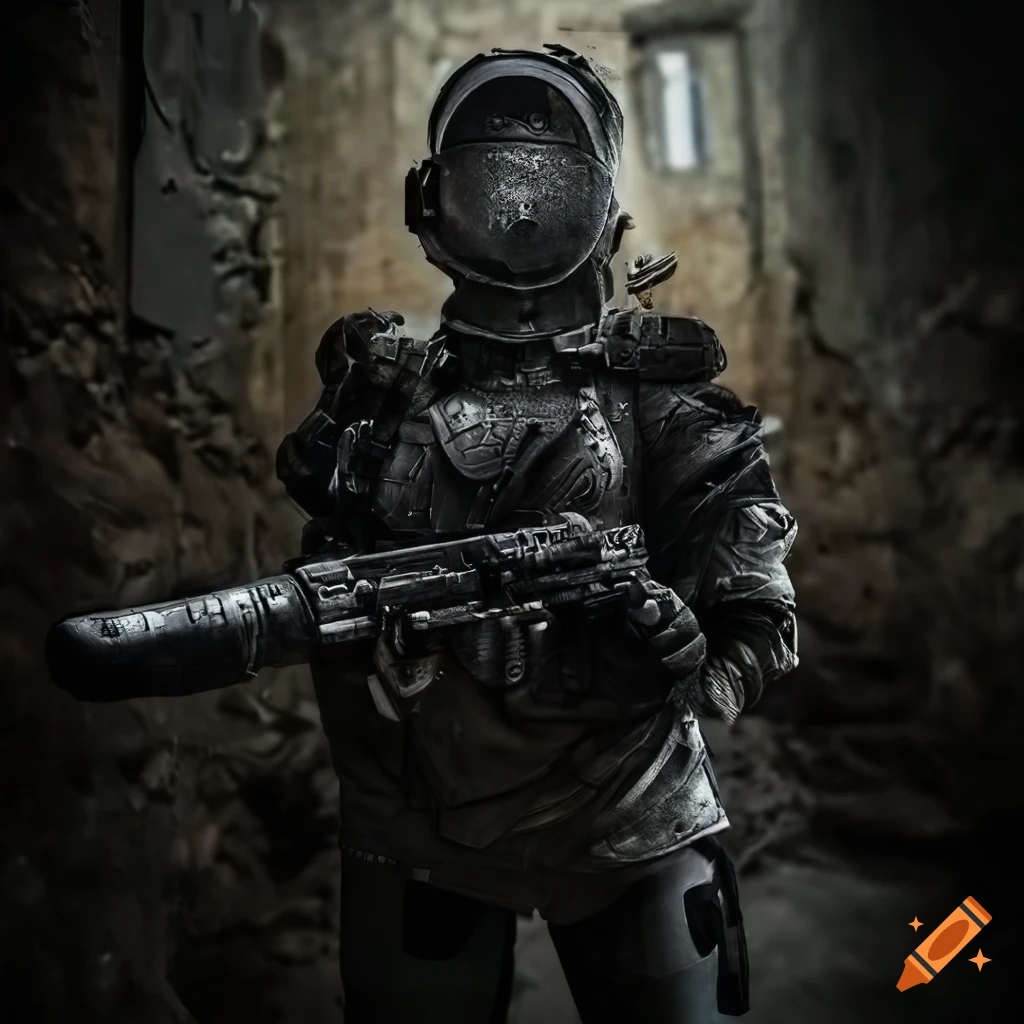 Portrait of a post-apocalyptic female infiltrator with smg in ruined ...