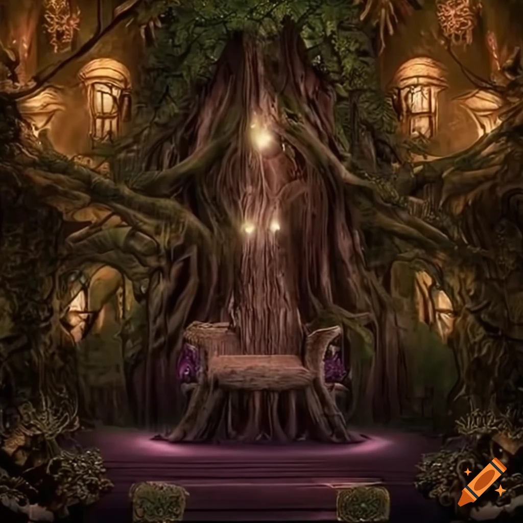 Elegant throne room built within a giant tree in a fantasy forest ...