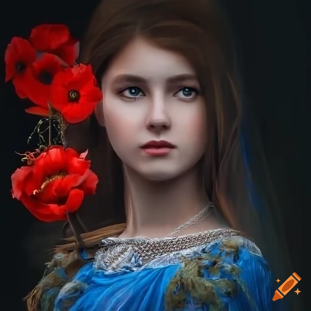 Eastern European beauty in traditional clothes surrounded by folkloric ...