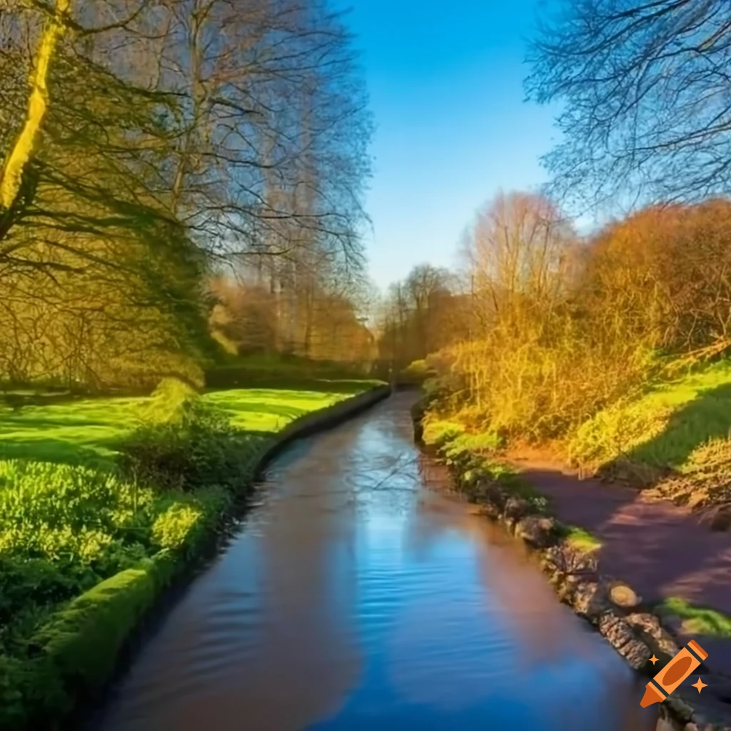 Knighton park gardens in leicester, england with a stream at sunset on ...