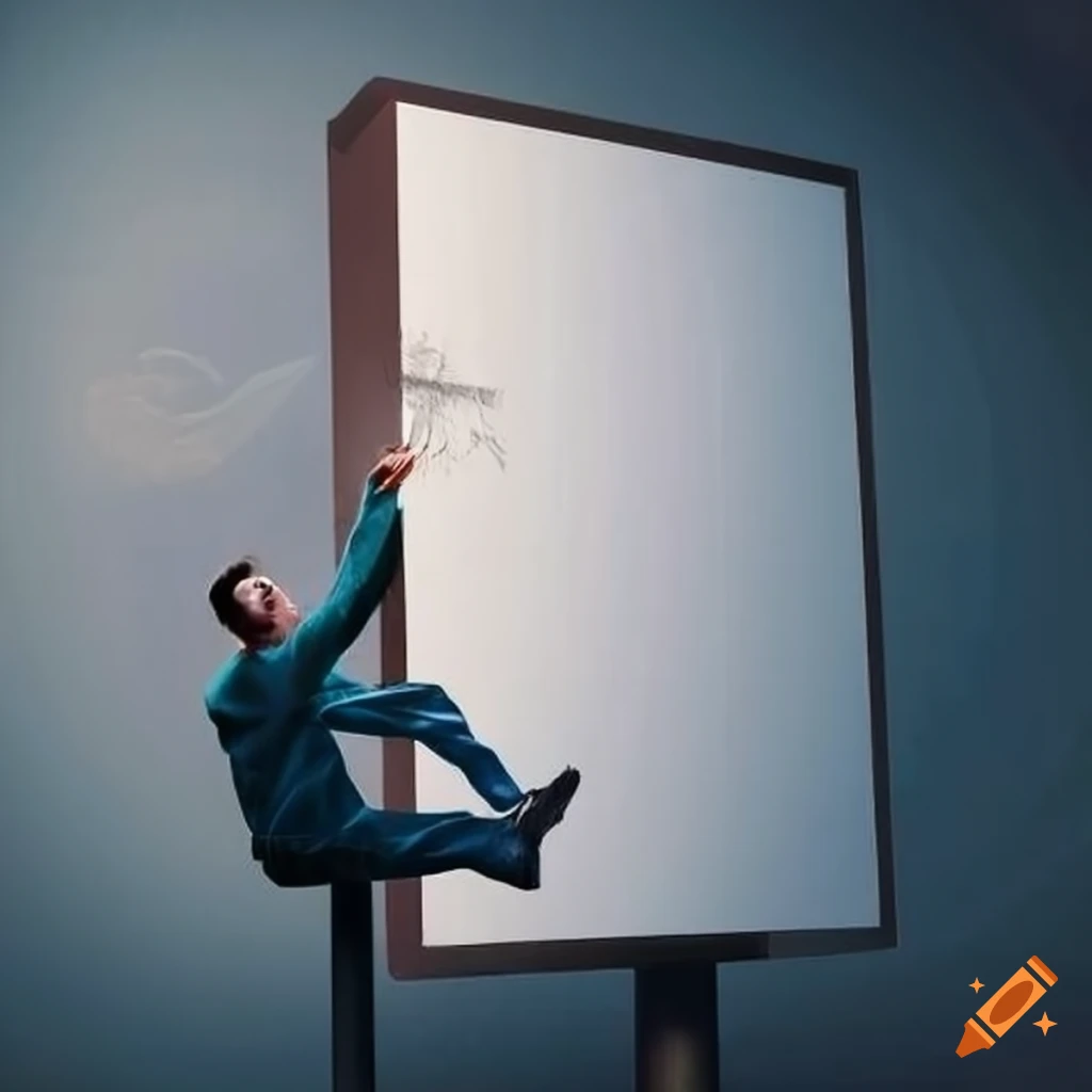 Man placing a poster on a billboard on Craiyon