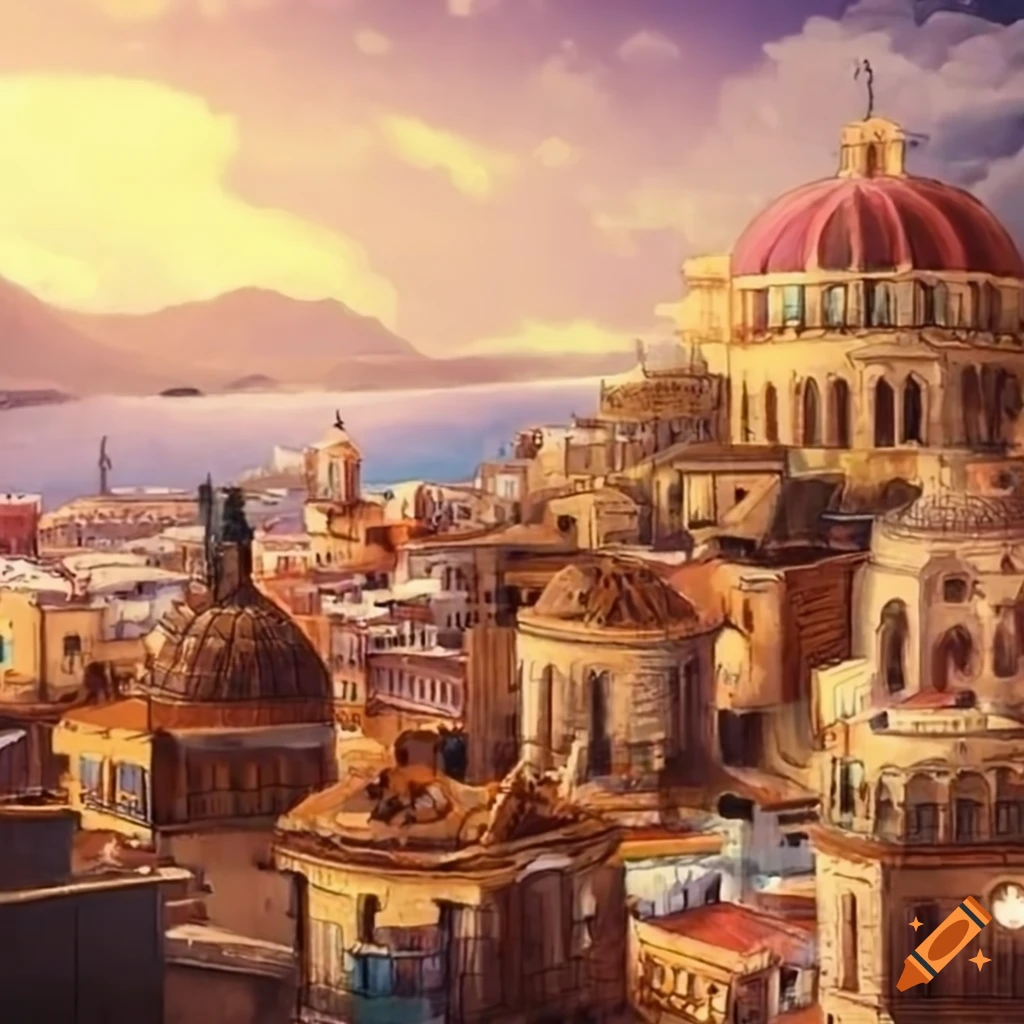 Overhead view of a steampunk greek cityscape created with colored ...