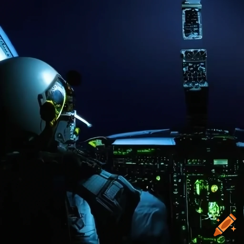 Futuristic jet cockpit with a fighter pilot at night on Craiyon