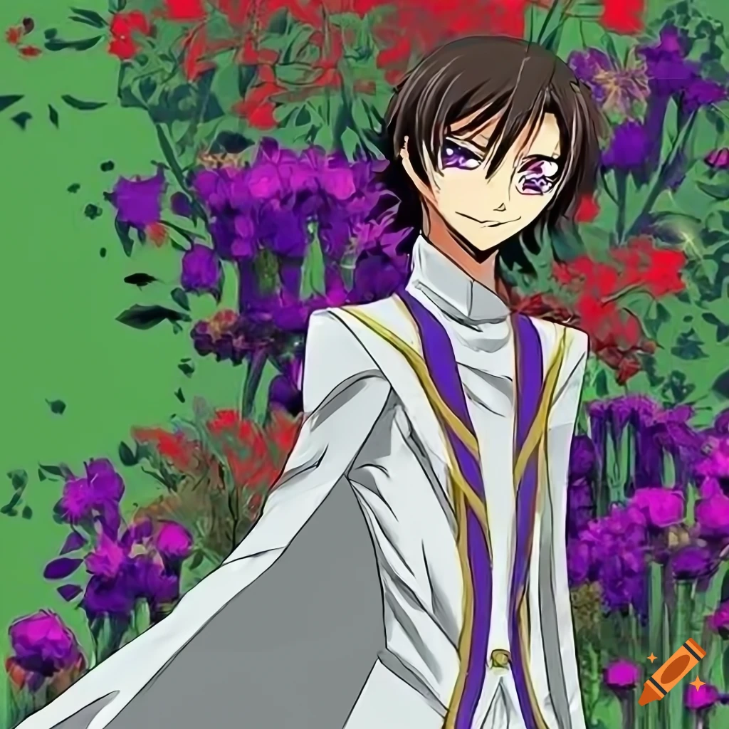 Lelouch lamperouge in royal white robes posing in a lush garden with ...